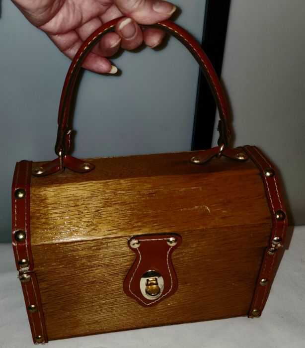 Vintage 1960s Brown Wood Box Purse Vinyl Trim Gold Studs Simon Hong ...