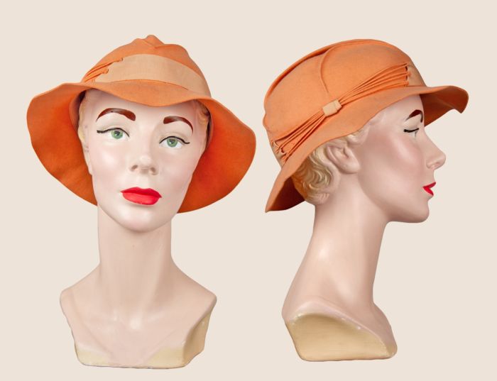 1930s Vintage Hat, 30s Pink/Peach Fedora, Brimmed hat, Bonnie Parker ...