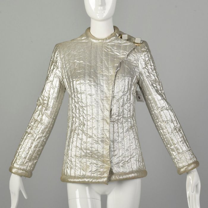 XS 1970s Silver Metallic Jacket Asymmetric Mod Space Age Wrap Top | Fashion Conservatory