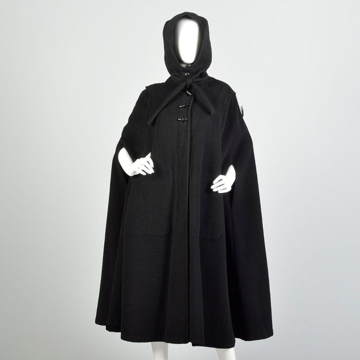 OSFM 1980s Heavy Black Hooded Cape Black Winter Wool Cloak Thick Wool ...