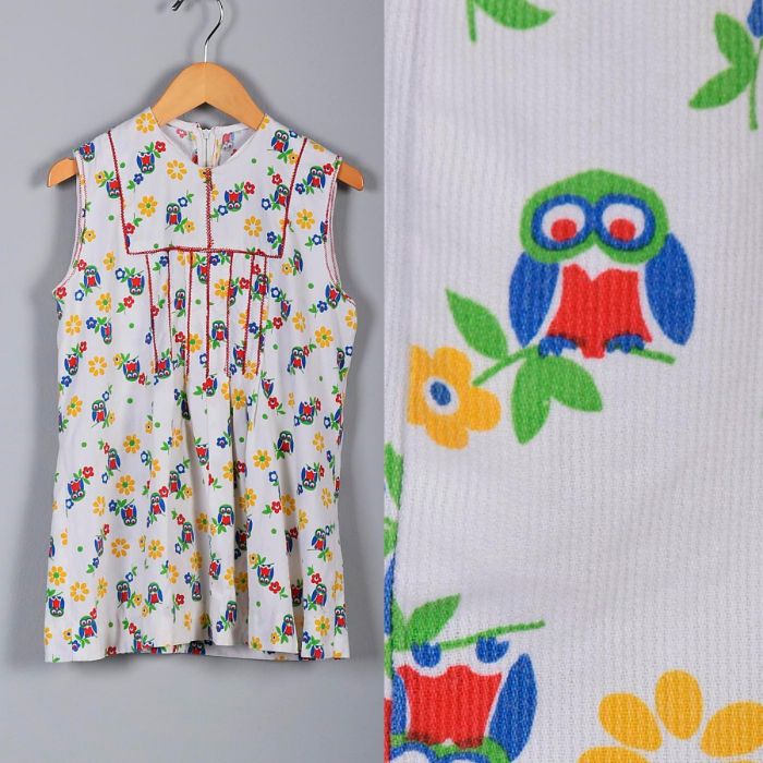 1960s Girls Mod Owl Flower Print Dress White Multi-Colored Shift Dress ...