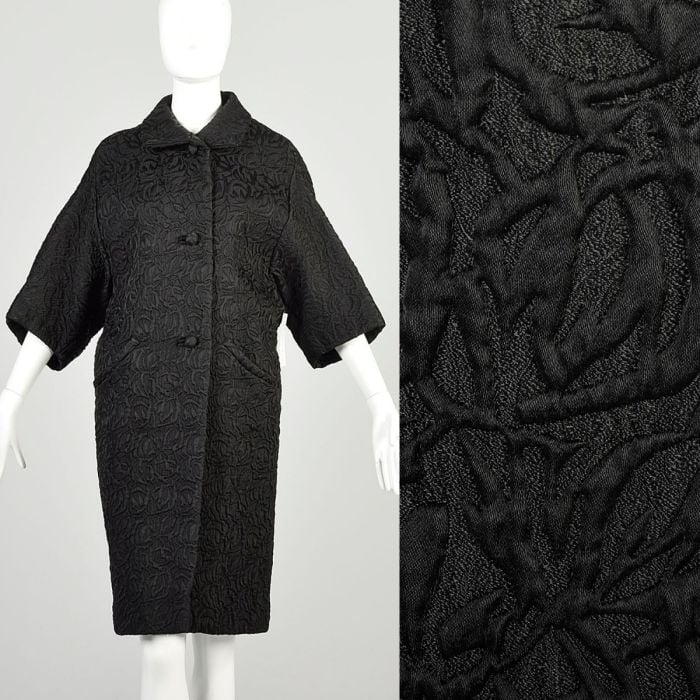 Medium 1950s Black Brocade Coat Cocoon Short Bracelet Sleeve Saks Fifth ...