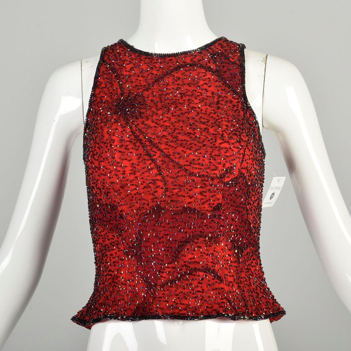XS 2000s Red Silk Blouse Black Iridescent Beaded Peplum Cocktail Party ...