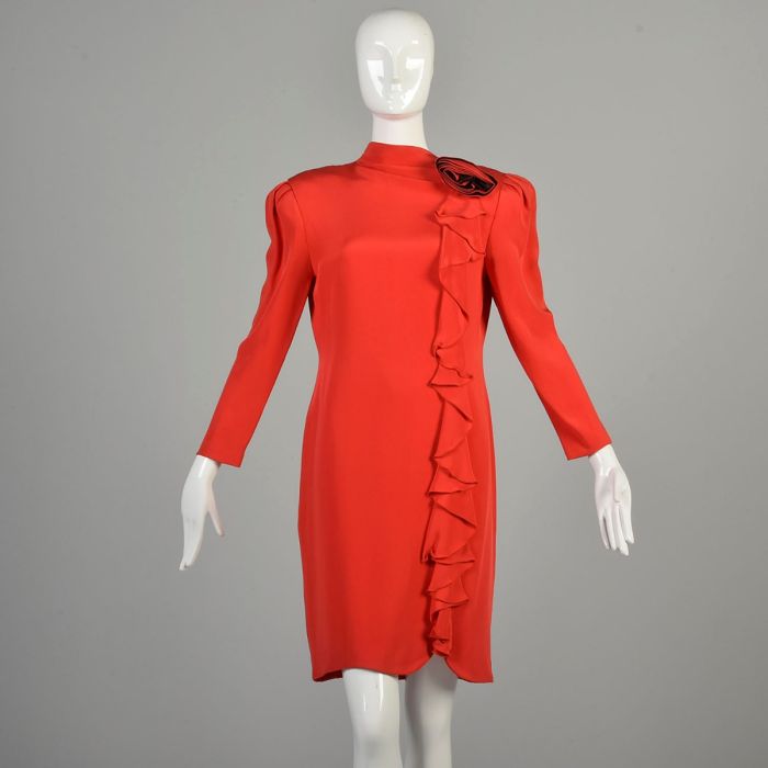 Large 1990s Red Dress Long Sleeve Flower Ruffle Shoulder Pads Modest ...