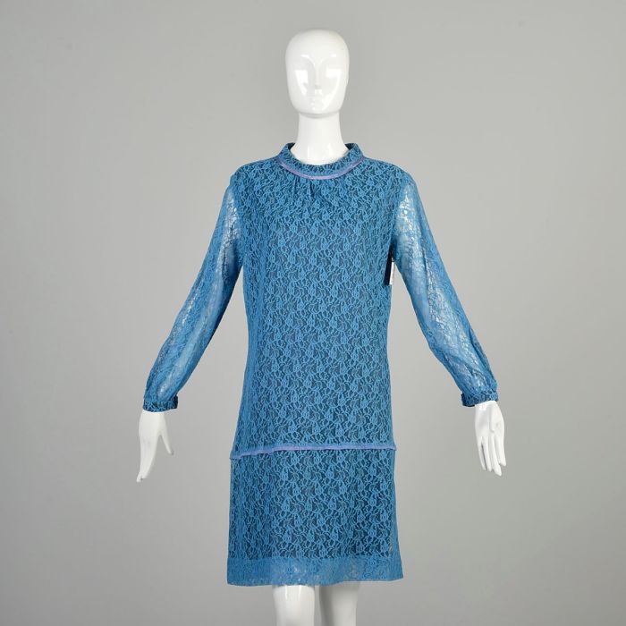 Large 1960s Blue Dress Floral Lace Overlay Sheer Long Sleeve Button ...