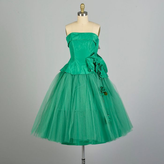XS 1950s Kelly Green Tulle Prom Dress Taffeta Strapless Bodice Formal ...