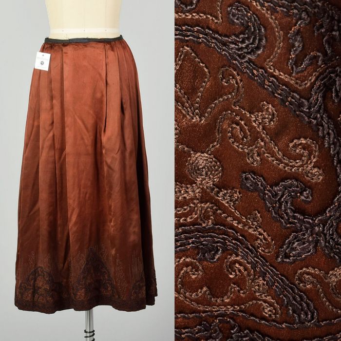 Small 1910s Edwardian Embroidered Hem Brown Silk | Fashion Conservatory