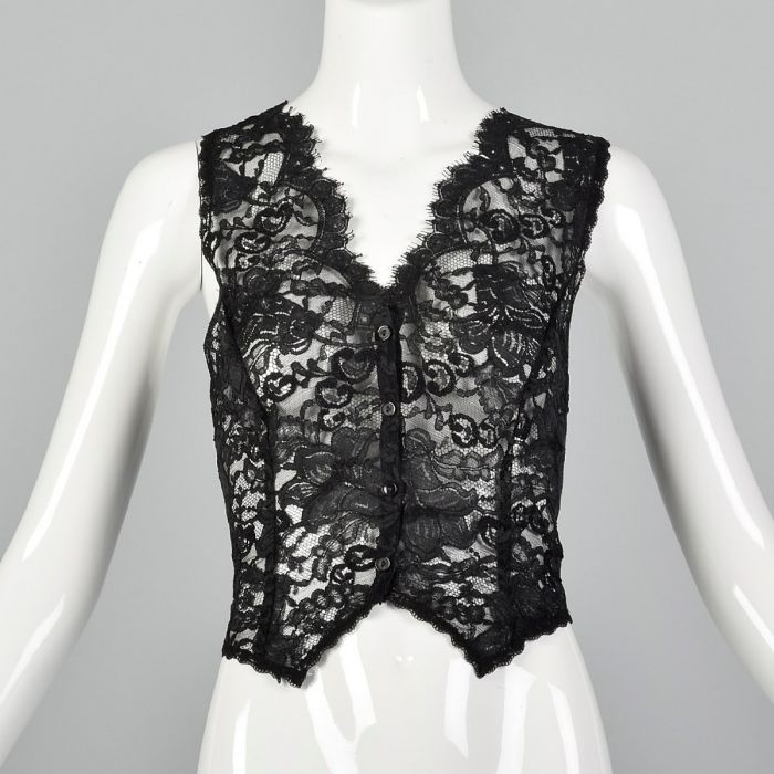 Medium 1970s Lace Vest Black Sexy Sheer Top | Fashion Conservatory