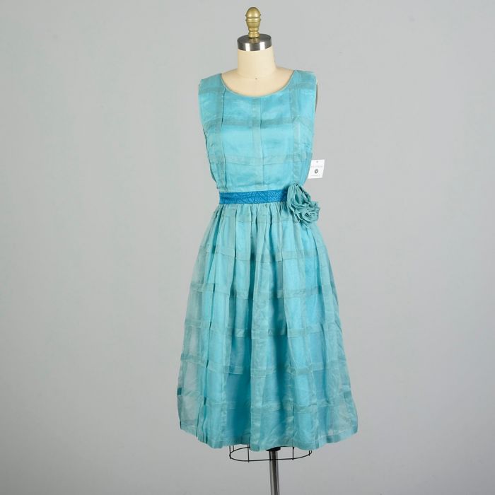 Small 1950s Aqua Cross Pleated Organdy Sleeveless Dress Theater Costume ...