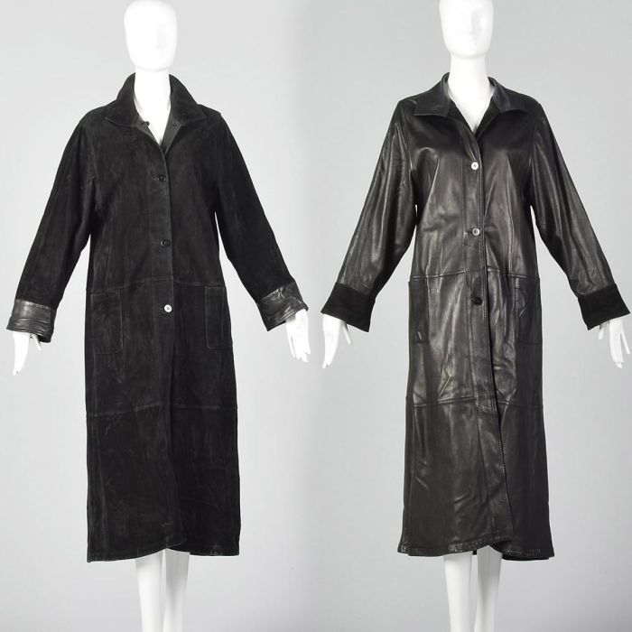 Medium 1990s Reversible Leather Coat Long Black Suede Patch Pockets ...