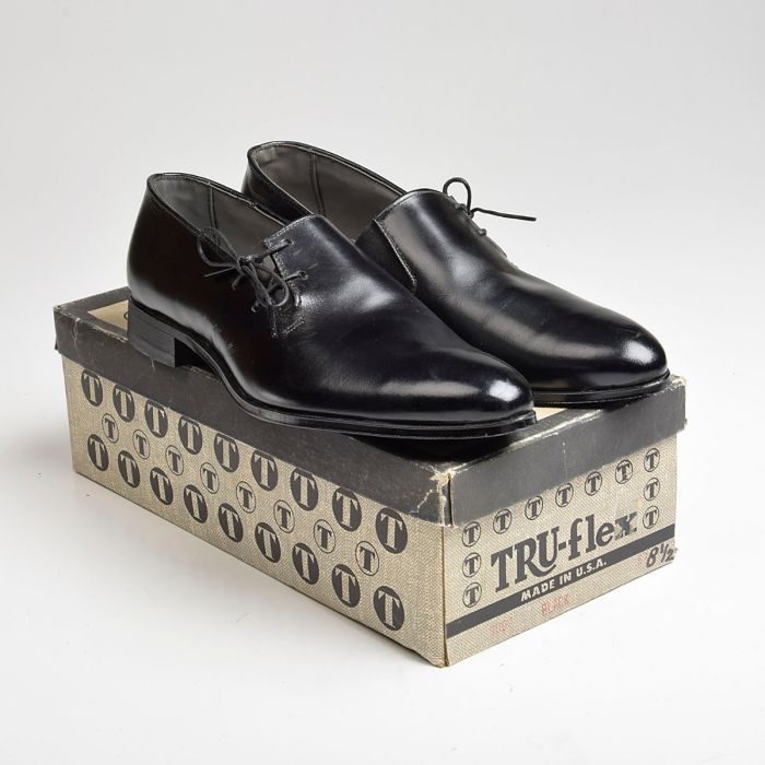 Sz8.5 1960s Black Leather Lace Up Offset Lacing Slip-On Shoe Deadstock ...