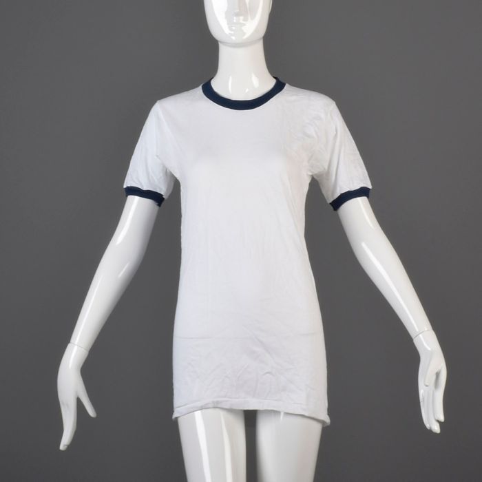 Small White Ringer T-Shirt 1970s Unisex Navy Blue Ribbed Knit Trim Top ...