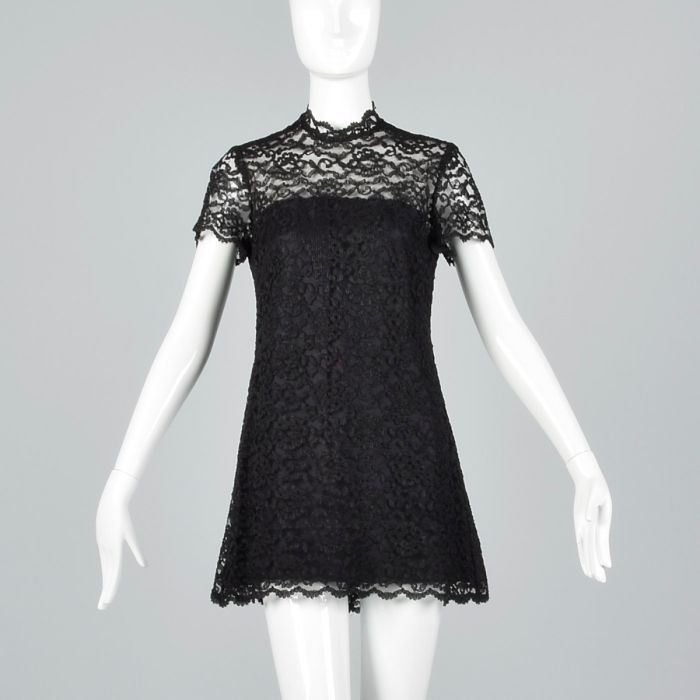 XS Black Lace Dress 1960s Micro Mini Sheer Bodice and Short Sleeve ...