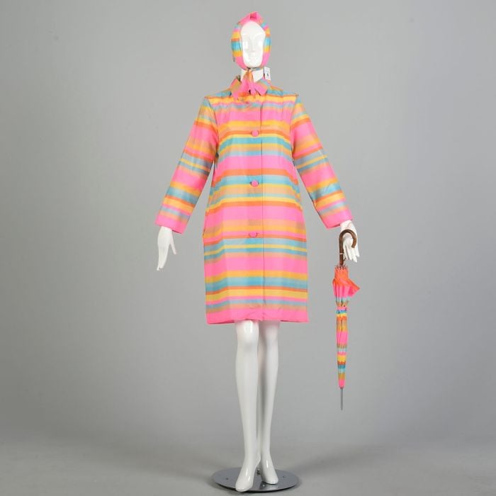 S | Pink Striped 1960s Raincoat, Bonnet and Umbrella Parasol Set by ...