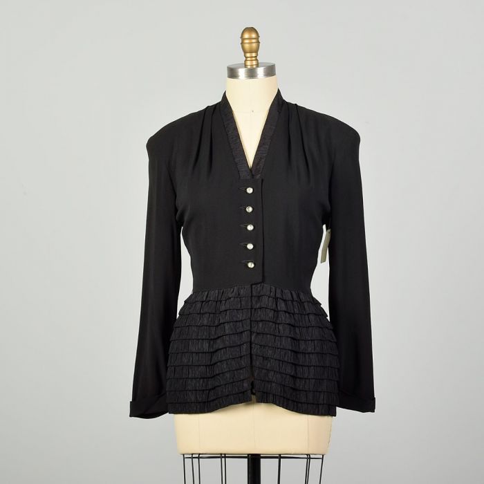 Medium 1940s Black Wasp Waist Rayon Jacket Ruffle Embellished Peplum ...