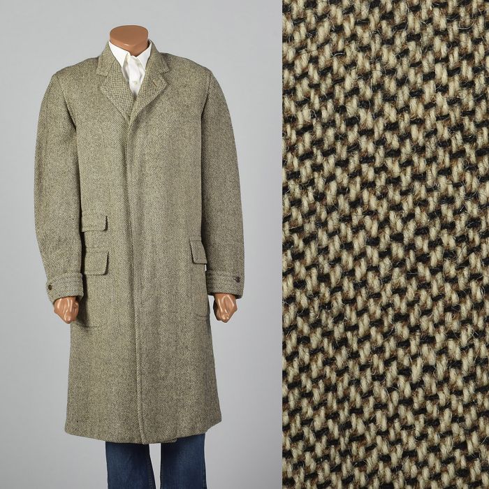 Large 1950s Mens Tweed Overcoat Button Front Flap Pockets Single Vent ...