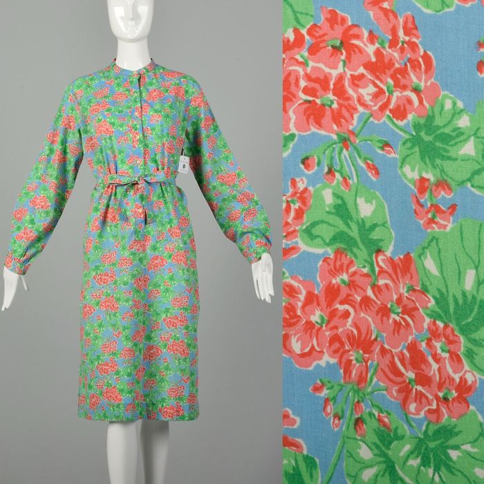 Large 1970s Green and Pink Geranium Floral Print Belted Cotton Dress ...