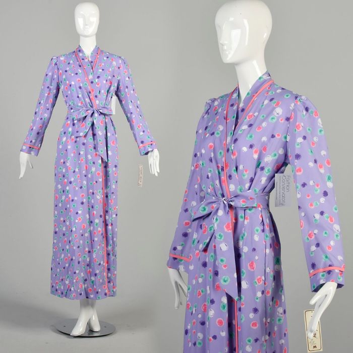 S-M 1970s Purple Housecoat Red Green White Polka Dot Wrap Robe ...