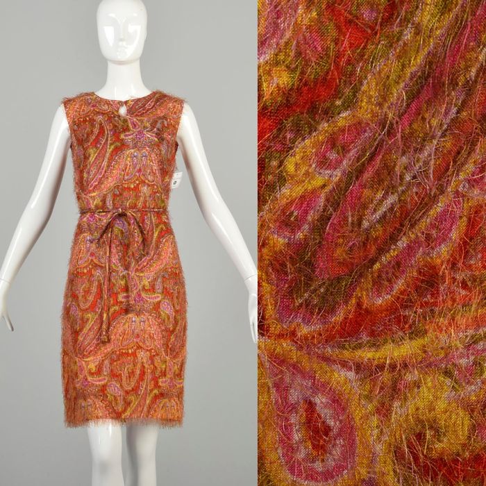 Small 1960s Orange Paisley Dress Fuzzy Texture Mini Dress Keyhole Bust ...