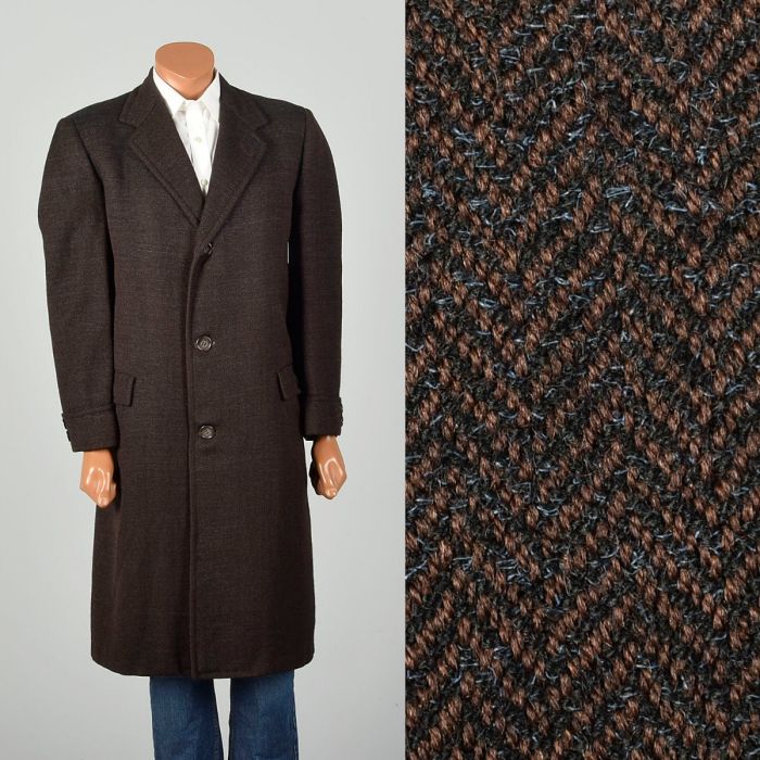 Large 1950s Medium Weight Coat Brown Herringbone Wool | Fashion ...