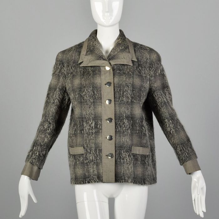 Medium 1950s Lilli Ann Rodier Jacket Tweed Loose Boxy Gray Plaid Mohair ...