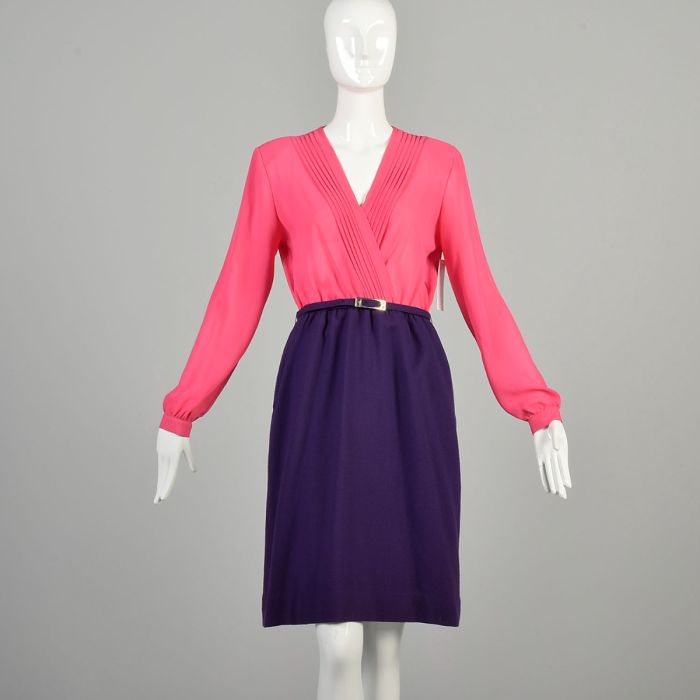 Medium 1970s Pink and Purple Colorblock Dress Sheer Belted Office Work ...