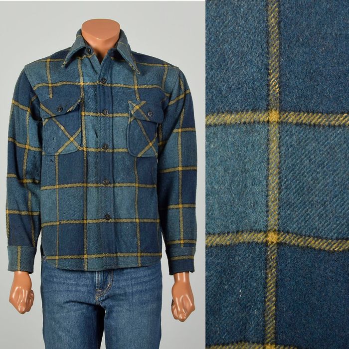 Medium 1960s Blue Green Gold Flannel Plaid Button Front Long Sleeve ...