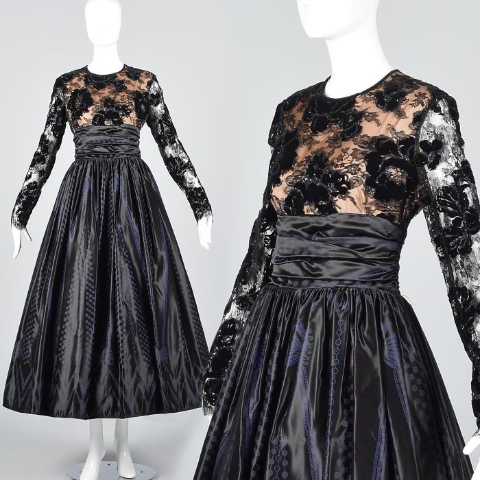 Medium 1980s Zandra Rhodes Black Lace Prom Dress Long Sleeves | Fashion Conservatory