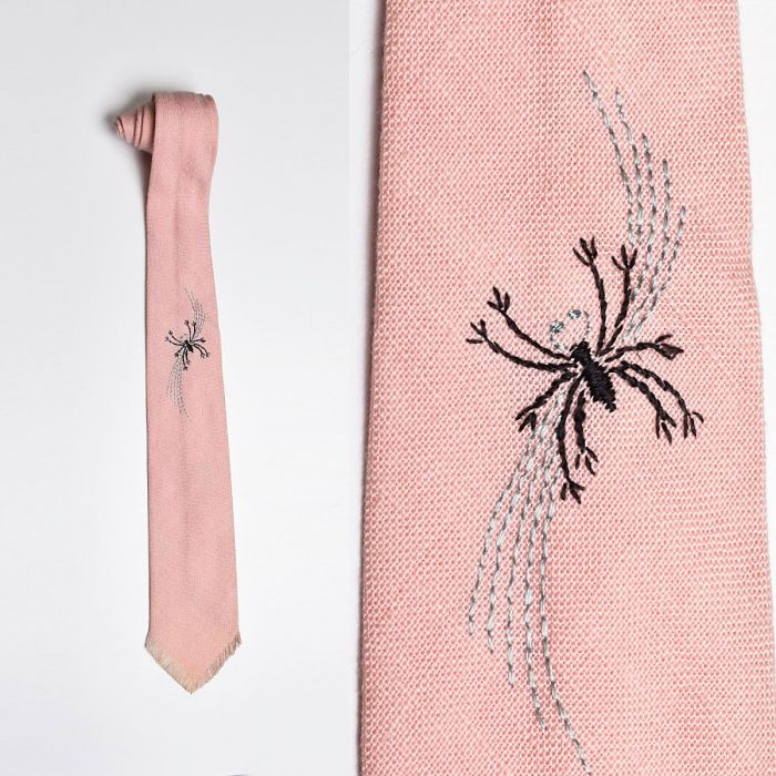 1950s Pennley's Pink Embroidered Spider Neck Tie Skinny Necktie ...