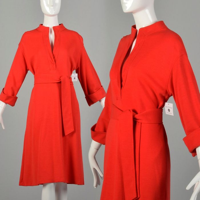 XL 1970s Dress Day-Glo Orange Knit Belted Low Cut Tunic | Fashion ...