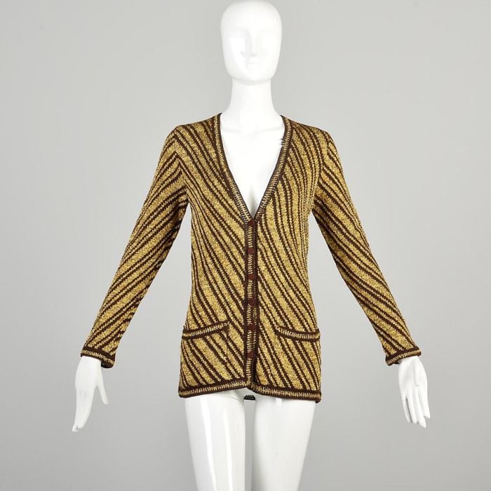 XS 1970s Brown Gold Metallic Sweater Lurex Long Sleeve Pierre Jean ...