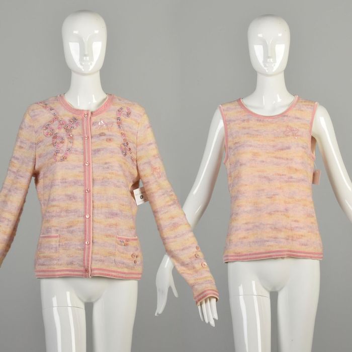 Large 2000s Baby Pink Knit Cardigan Sweater Twin Set | Fashion Conservatory