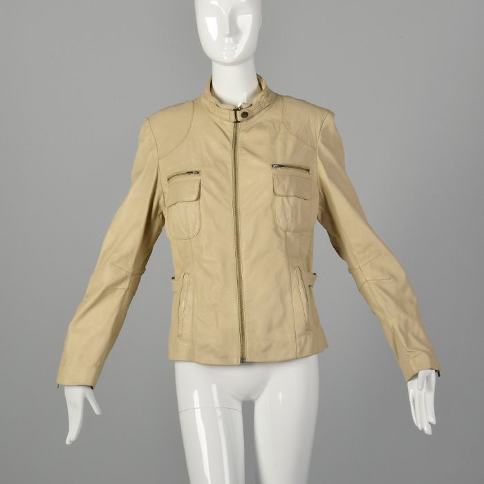 Large Beige Leather Moto Jacket Zip Front with Throat Latch Neck and ...