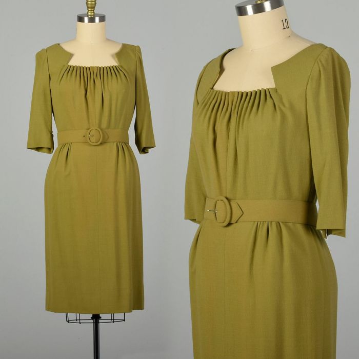 Large 1950s Howard Greer Green Crepe Belted Dress Portrait Collar ...