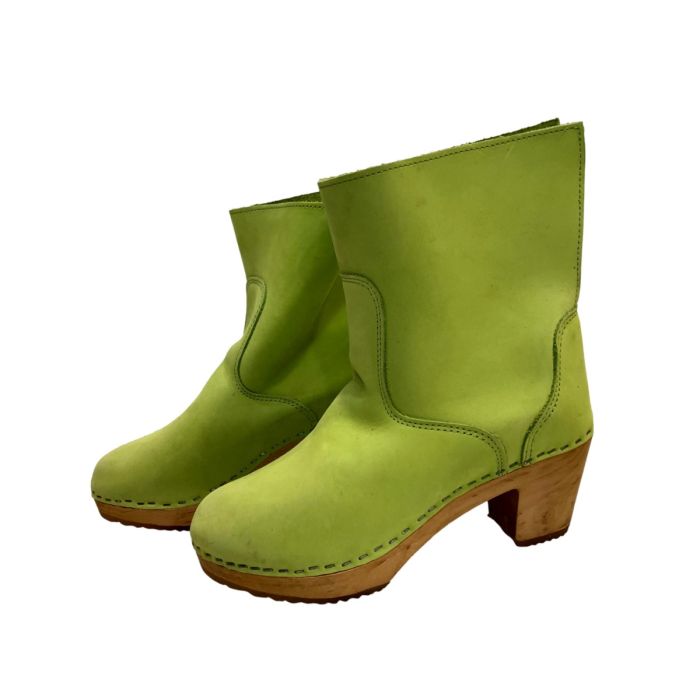 Apple Green Nubuck Leather Clog Boots made Sweden | Fashion Conservatory