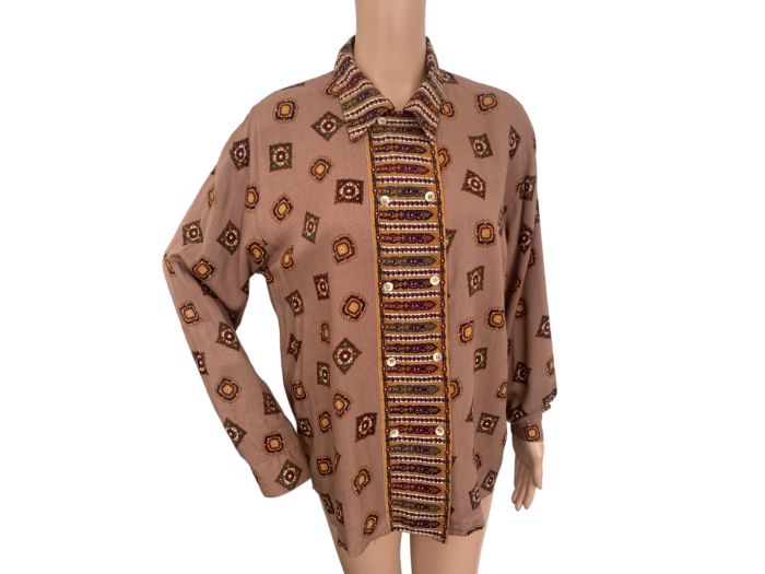 80s Chu Medallion Button Down Soft Brown Print Blouse | Fashion ...