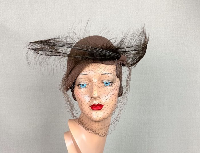 40s Brown Asymmetrical Close Hat with Angled Feathers | Fashion ...