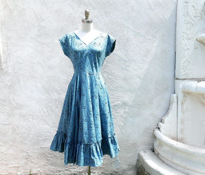 1950s Full Circle Blue Swing Dress,Rockabilly Novelty Print Dress ...