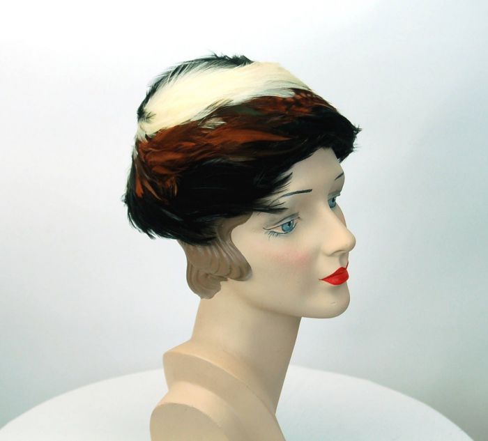 1950s feather hat rooster tail feathers tri color black brown white Mr ...