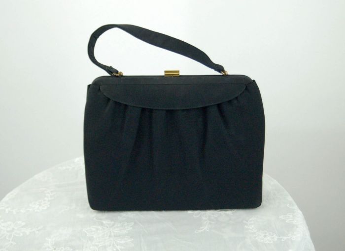 1950s handbag black gathered fabric large bag with mirror and comb ...
