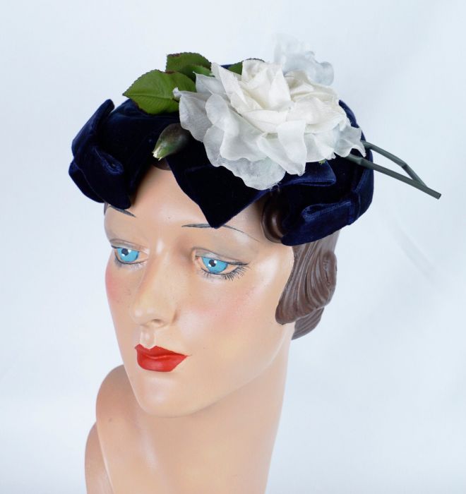 1950s Navy Blue Velvet Close Hat with White Silk Rose | Fashion ...