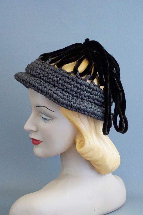 40s Grey Crochet Cloche Style Hat w/ Brown Velvet Loops by Accessory ...