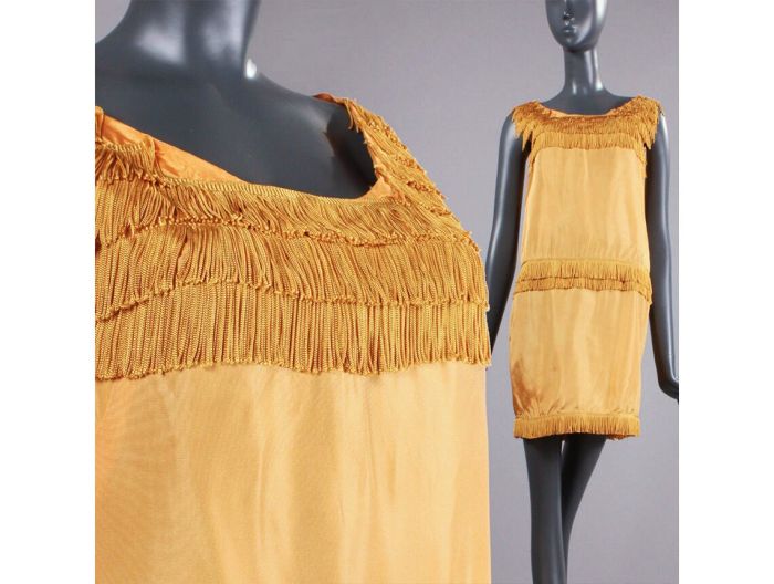 Vintage 1960s Yellow Mini GoGo Dress Fringe Flapper Revival Loose Slip ...