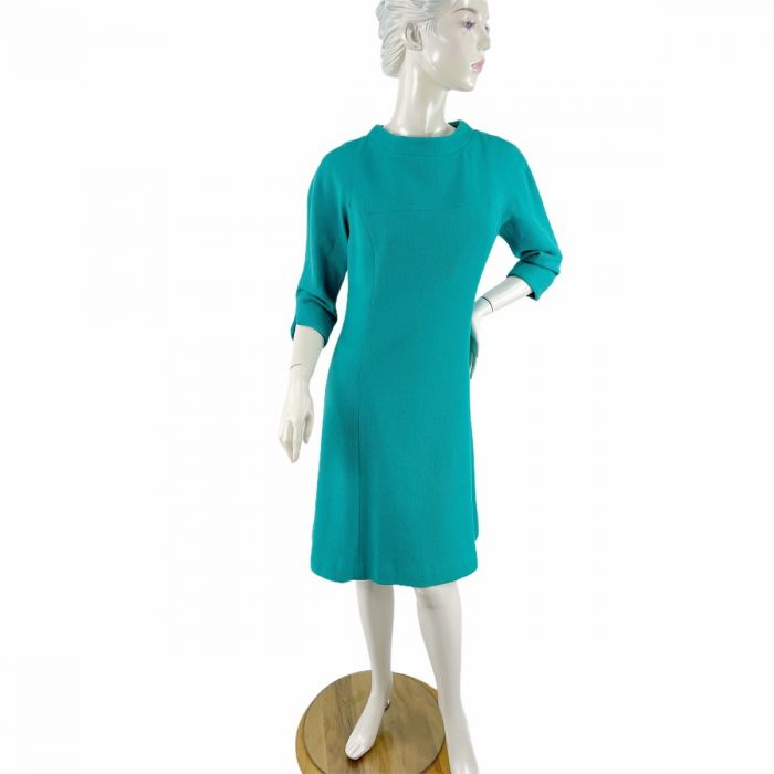 1980s turquoise wool sheath dress with banded collar princess seams ...
