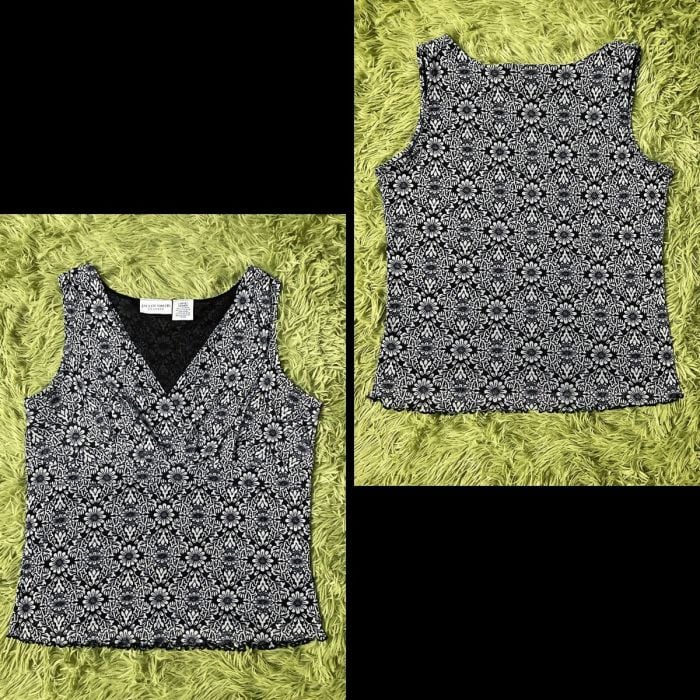 L/ 90s Sheer Mesh Tank Top, Black and White, Floral Geometric Print ...