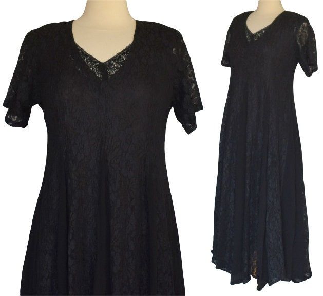 90s Black Chantilly Lace Dress With Chiffon Panels, Starina Roses ...