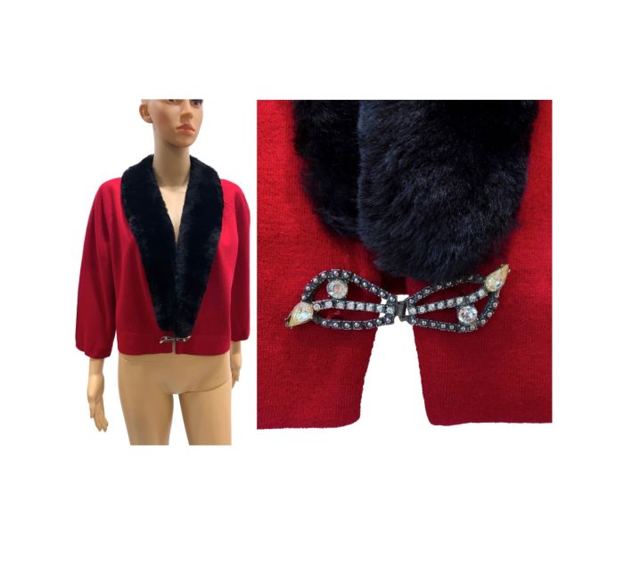 1950s 60s Red Cardigan Pin Up Sweater | Rockabilly Faux Fur Trim ...