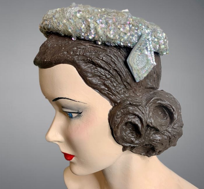 Sparkly 1950s Vintage Juliet Hat Iridescent Sequined and Beaded Silver ...