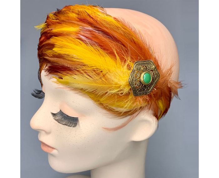 Vintage Flapper Yellow Orange Feather Juliette Jeweled Headband Hat Pin ...