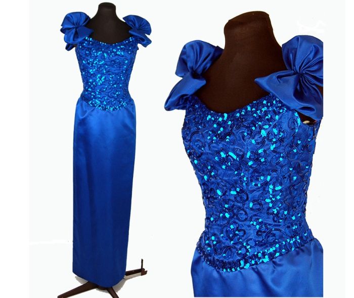 1980s gown, Mike Benet dress, blue satin and sequins, sheath dress ...